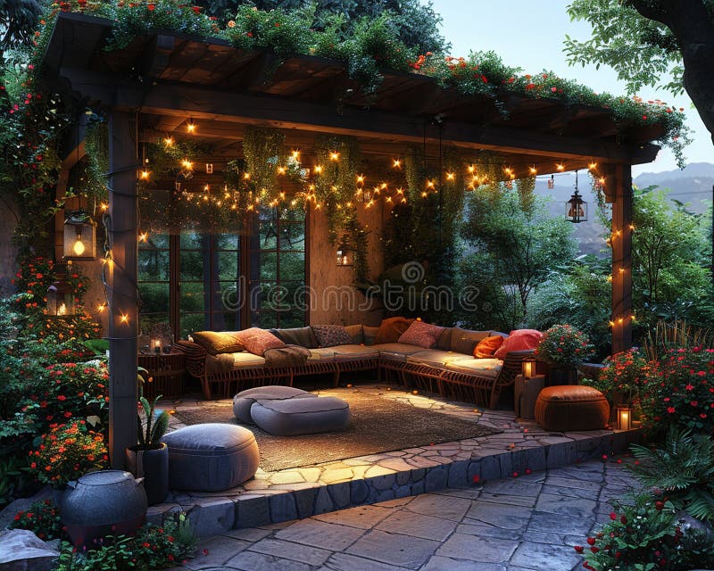 Rooftop Urban Garden with Cozy Seating and String Lights3D Render Stock Illustration ...