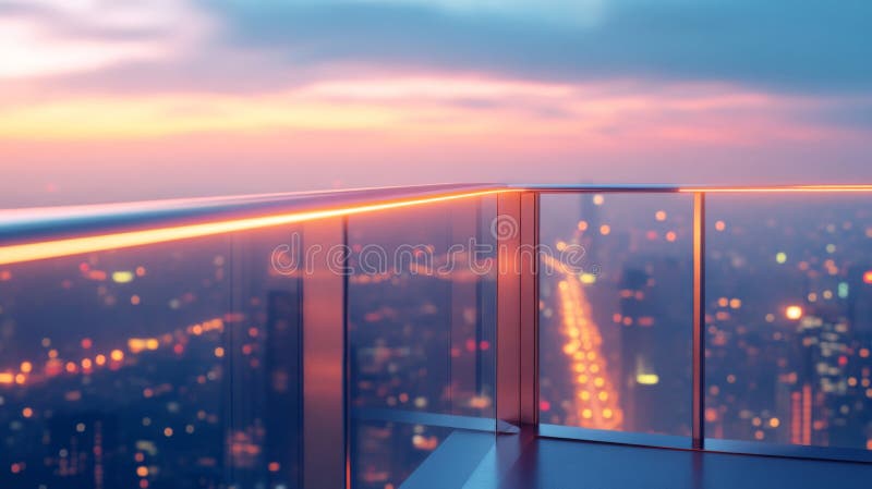 A Rooftop View of a City at Sunset with a Glass Railing and a Glowing ...