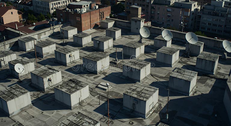 Rooftop View with Concrete Structures and Satellite Dishes in Urban ...