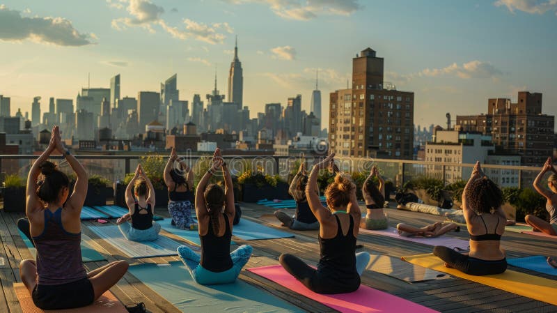 Rooftop Yoga Class with City Skyline View at Sunset Stock Image - Image ...