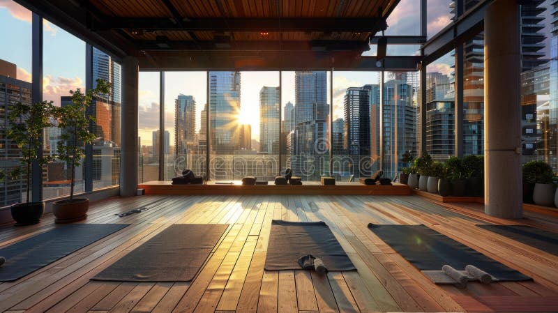 Rooftop Yoga Studio with City Skyline View at Sunset Stock Photo ...
