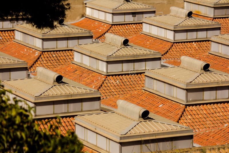 Rooftops in Barcelona stock photo. Image of details, sunny - 63364430