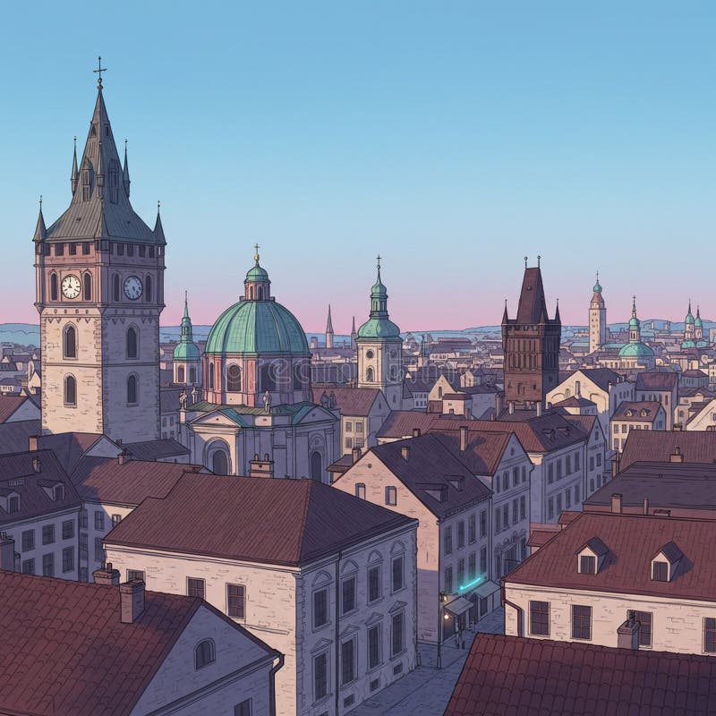 Rooftops of a European Cityscape at Dusk, Featuring a Blend of Gothic ...