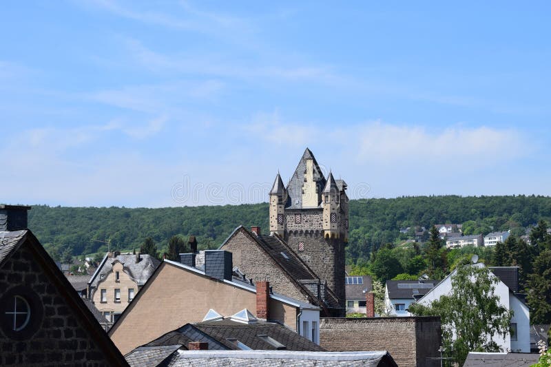 View Across the Roofs of Mayen with Obertor, a City Gate Tower Stock ...
