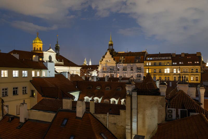 Rooftops of Old Prague from High View Point at Night. Stock Image ...