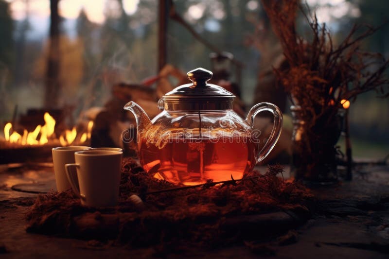 Rooibos Tea Steeping in Glass Teapot with Campfire Backdrop Stock ...