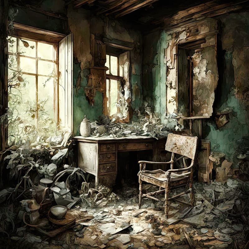 A Room in an Abandoned House in the Style of an Old Illustration Stock ...
