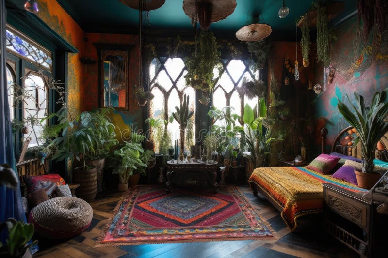Room Adorned with Psychedelic Plants and Patterns, Surrounded by ...