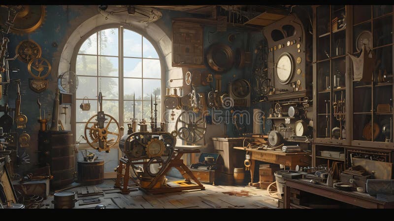 1700sstyle Workshop Study Filled Scientific Tools Inventions Featuring Wooden Desk Telescope ...