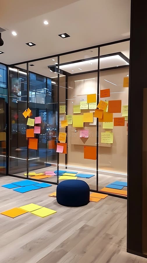 A Room with a Blue Stool and a Wall Covered in Colorful Sticky Notes ...
