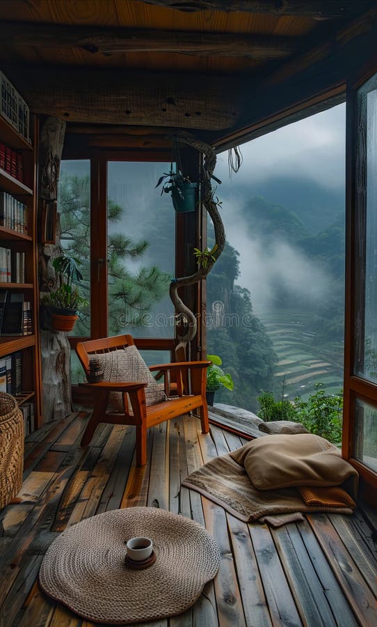 A Room with Books and a View of the Mountains Stock Image - Image of ...