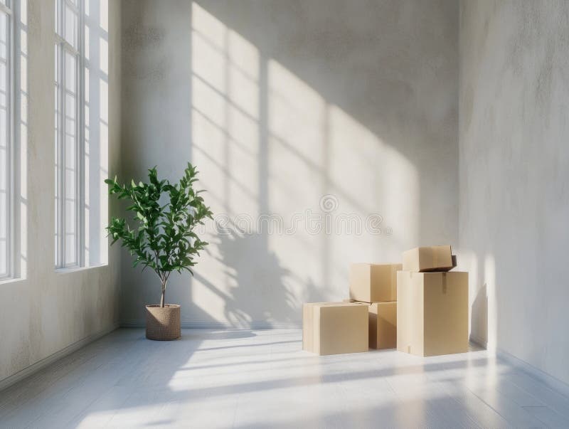 Room with a Box Stack and a Potted Plant Stock Image - Image of ...