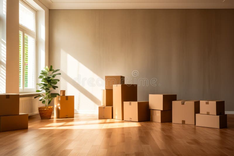 Room with Boxes and Potted Plant on the Floor. Generative AI Stock ...