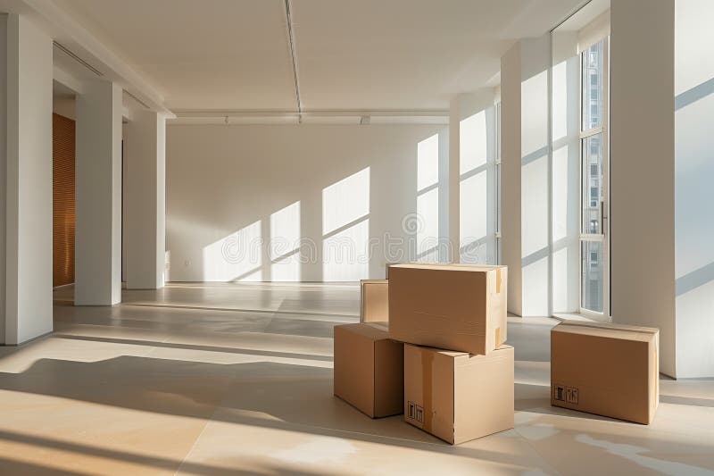 A Room with Boxes Stacked on the Floor Stock Photo - Image of window ...