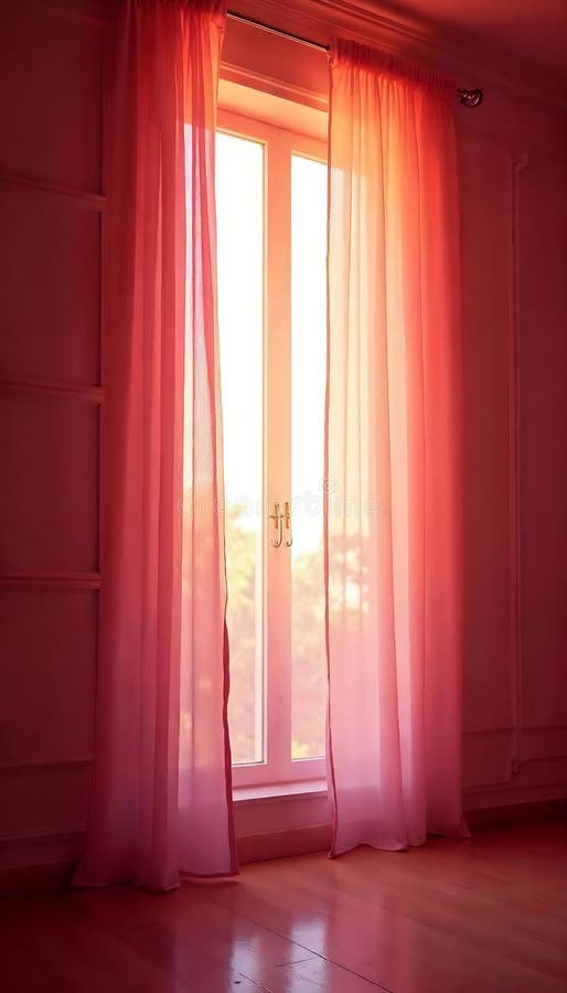 Translucent Red Curtains Frame a Bright Window in a Room Stock ...