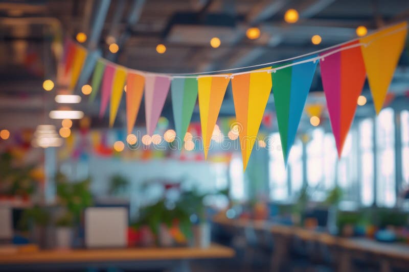 A Room with a Bunch of Colorful Flags Hanging from the Ceiling Stock ...