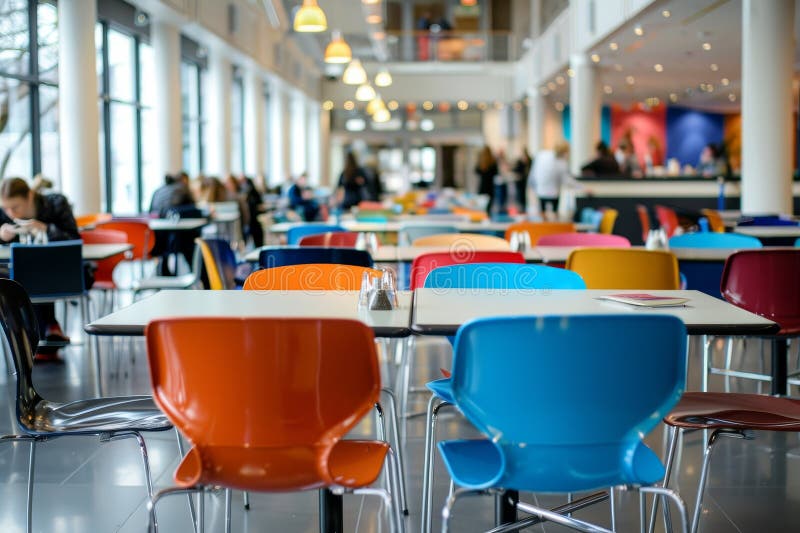 A Room Bustling with Colorful Chairs and Tables in a Lively Cafeteria ...