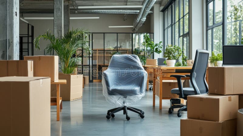 A Room with a Chair and Desk in it Next To Boxes, AI Stock Photo ...