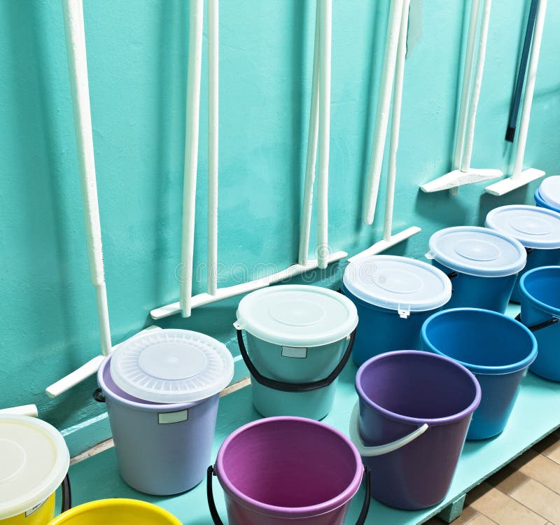 Room with Cleaning Tools, Buckets, Mops Domestic Stock Image - Image of ...