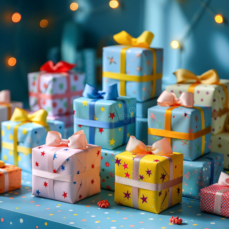 A Room with a Colorful Wall and a Stack of Presents. Stock Photo ...
