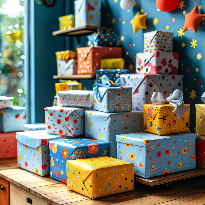 A Room with a Colorful Wall and a Stack of Presents. Stock Photo ...