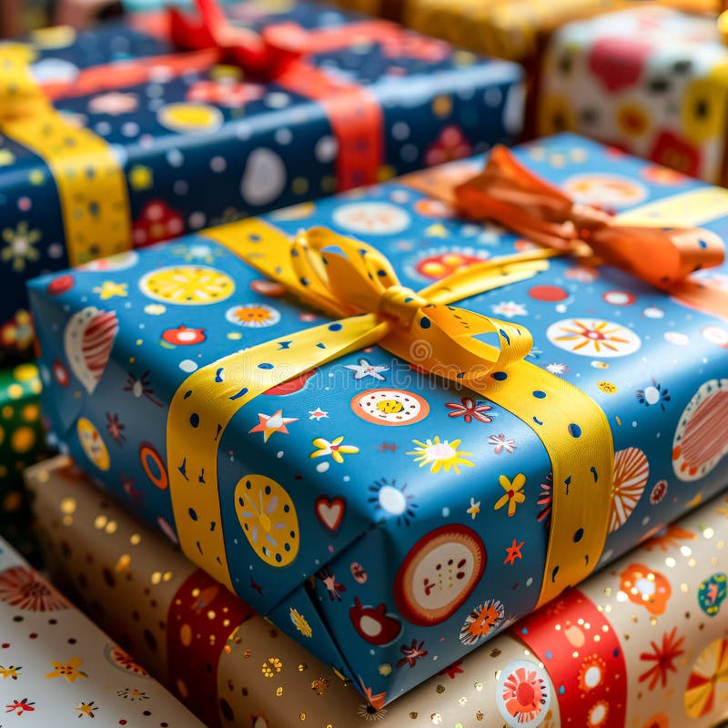 A Room with a Colorful Wall and a Stack of Presents. Stock Photo ...