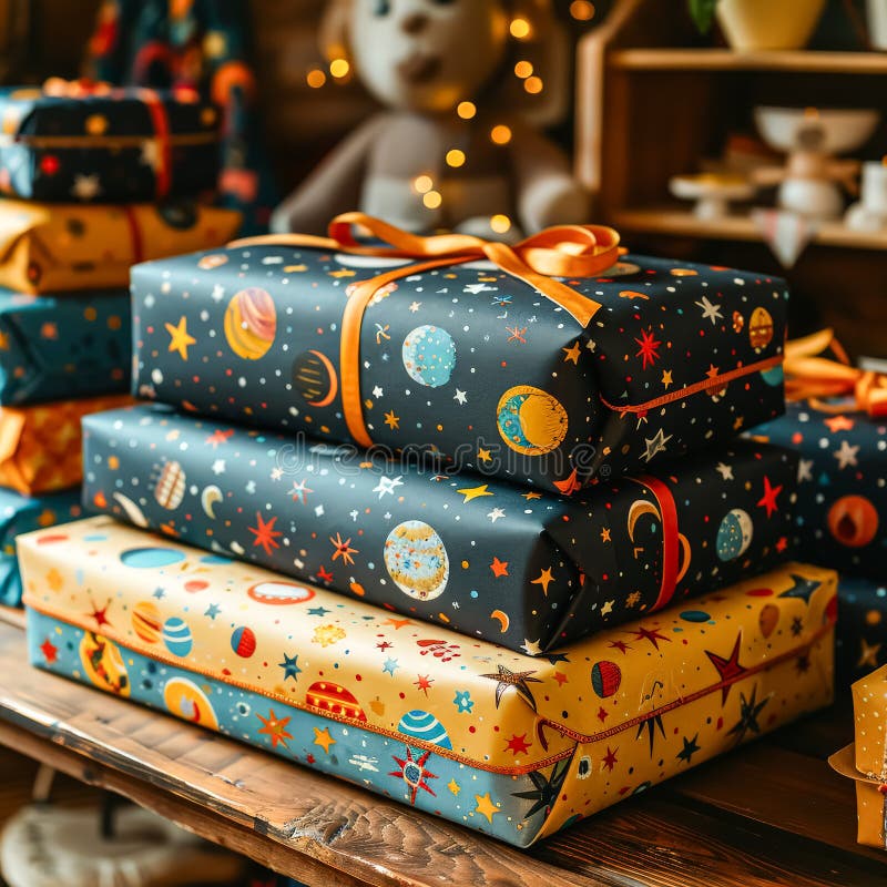 A Room with a Colorful Wall and a Stack of Presents. Stock Image ...