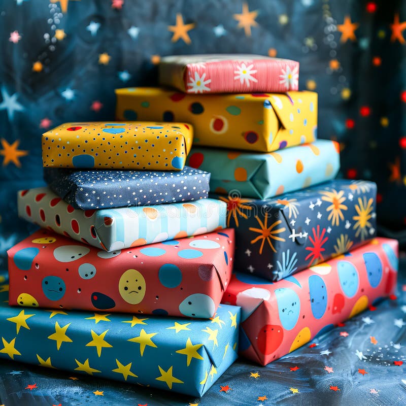 A Room with a Colorful Wall and a Stack of Presents. Stock Photo ...