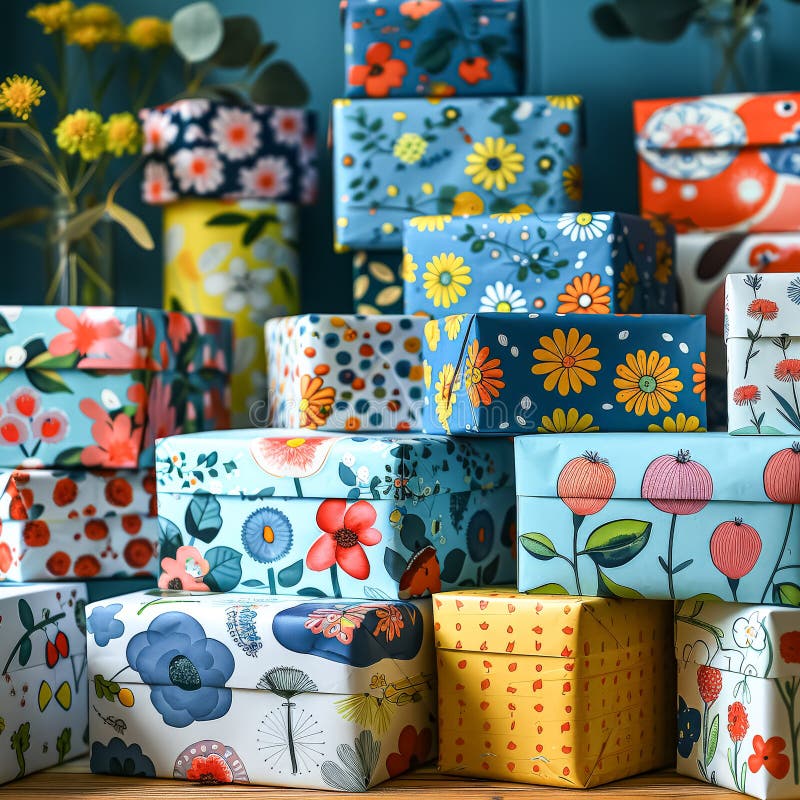 A Room with a Colorful Wall and a Stack of Presents. Stock Image ...