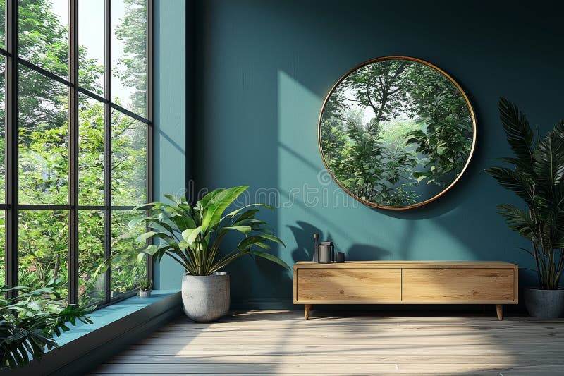 A Room with a Commode Decorated and a Golden Mirror Hanging on a Blue ...