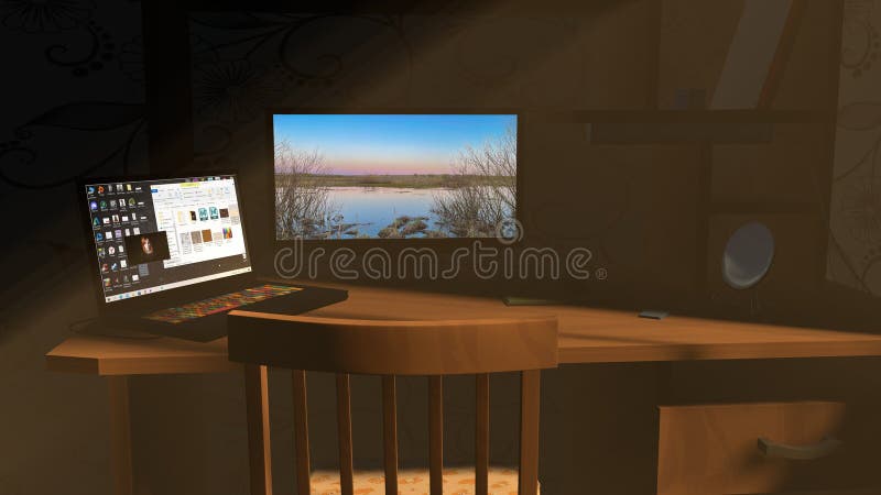 A Room with a Computer on a Table in the Light at Dawn 3d-rendering ...