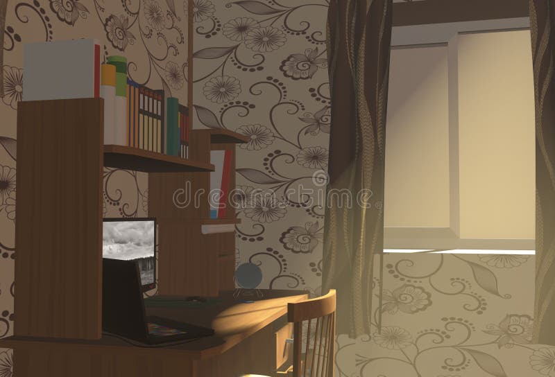 A Room with a Computer on a Table in the Light at Dawn 3d-rendering ...