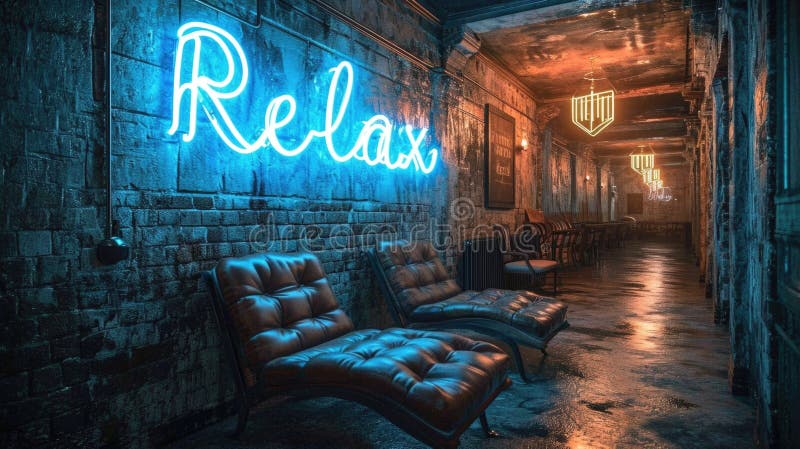 A Room with a Couch and a Blue Neon Sign Relax Stock Image - Image of ...