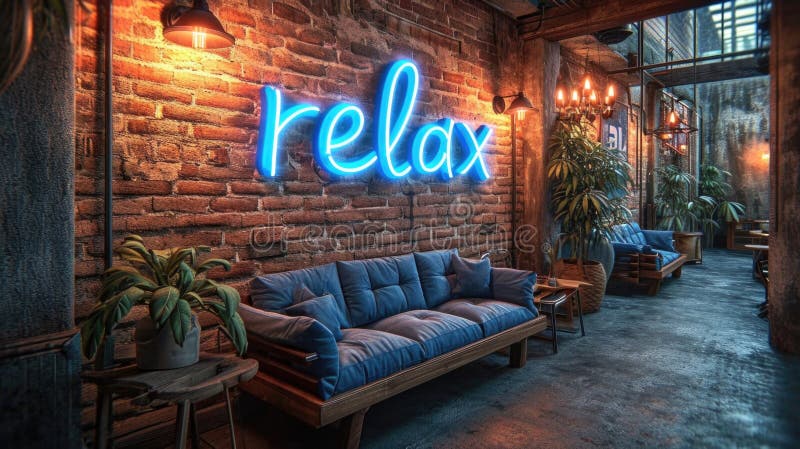 A Room with a Couch and a Blue Neon Sign Relax Stock Illustration ...