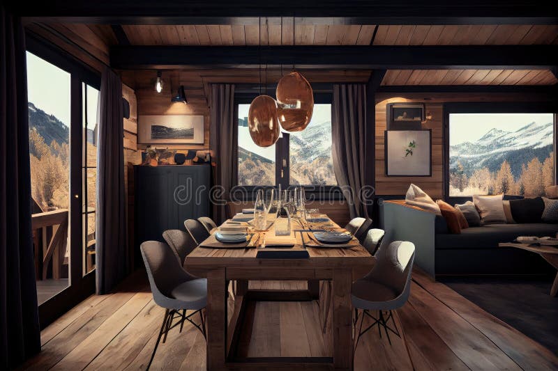 Room with Decorated Interior and Big Dining Table on Chalet Stock Image ...