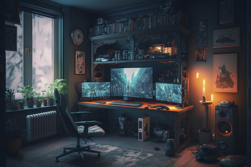 Room design for gaming stock illustration. Illustration of blue - 269927317
