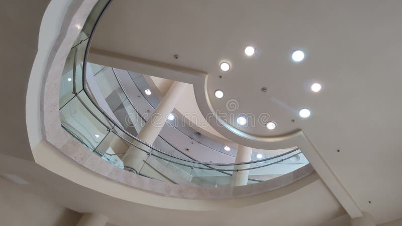 Room Design Inside, White Ceiling, Lamps, Railings Stock Photo - Image ...