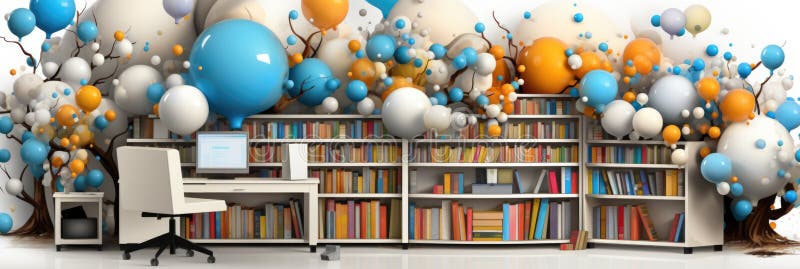 A Room with a Desk, Bookshelves and Balloons, AI Stock Image - Image of ...
