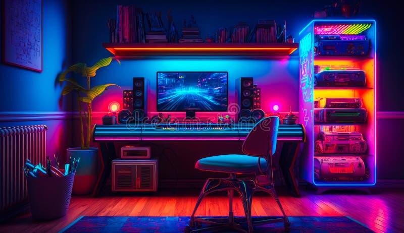 Room With Desk Chair And Computer Monitor Generative Ai Stock Illustration Illustration Of