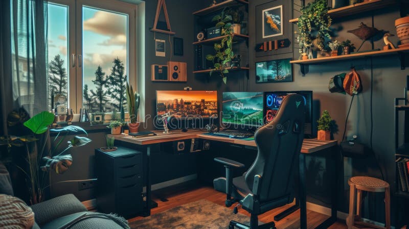 Room with Desk, Chair, Computer, and Window in a Building Stock ...