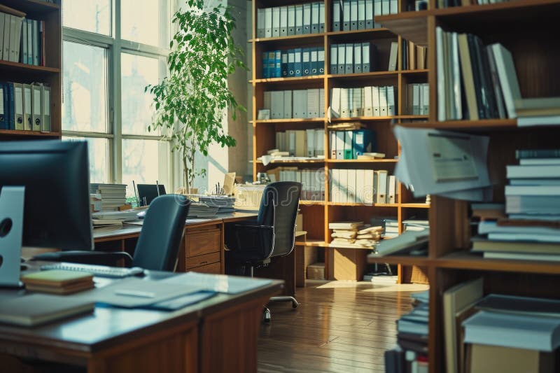 A Room with a Desk, Computer, and Bookshelves. Suitable for Office or ...