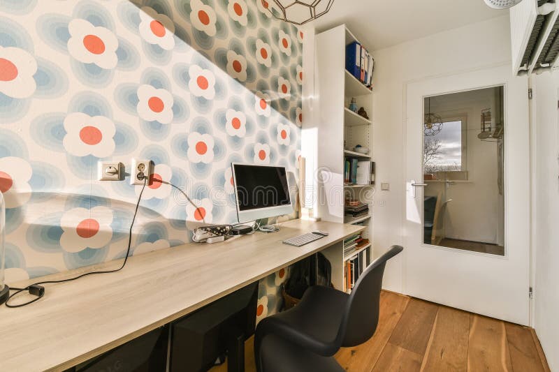 A Room with a Desk and a Computer on it Stock Image - Image of inside ...