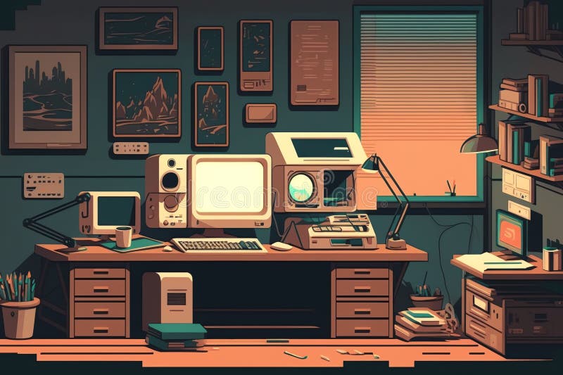 A Room with a Desk and a Computer on it Stock Image - Image of setup ...