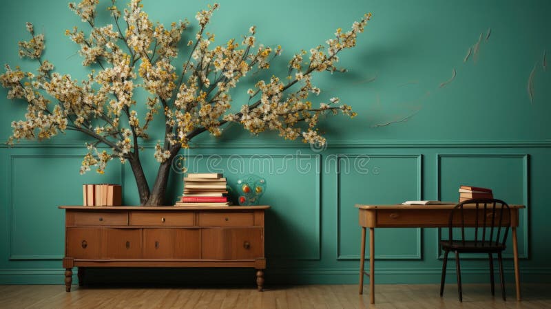 A Room with a Desk and a Tree in Front of it, AI Stock Illustration ...