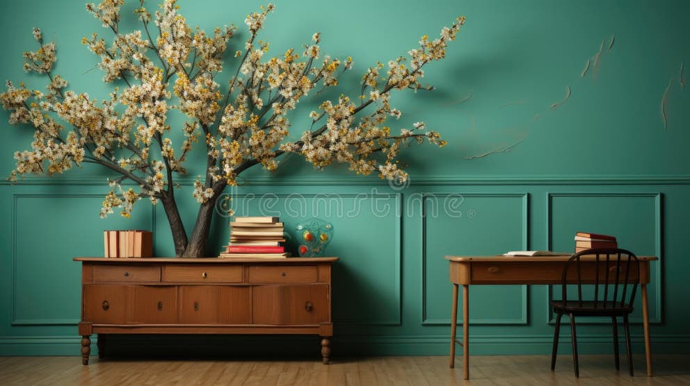 A Room with a Desk and a Tree in Front of it, AI Stock Illustration ...