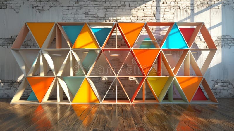 A Room Divider Composed of Interlocking Triangles in Bold Vibrant Hues ...