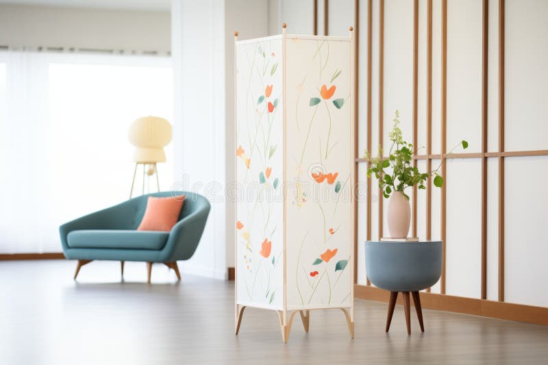 Room Divider with a Floral Design Standing in a Minimalistic Room Stock ...