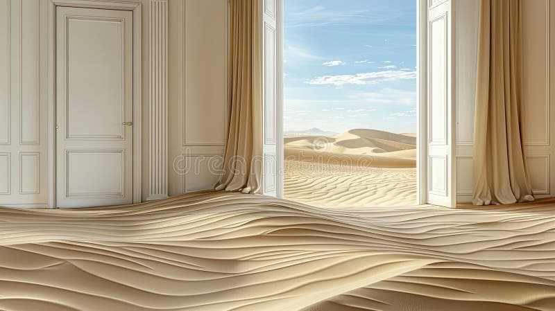 A Room with a Door and Two Curtains Open To a Desert Stock Image ...