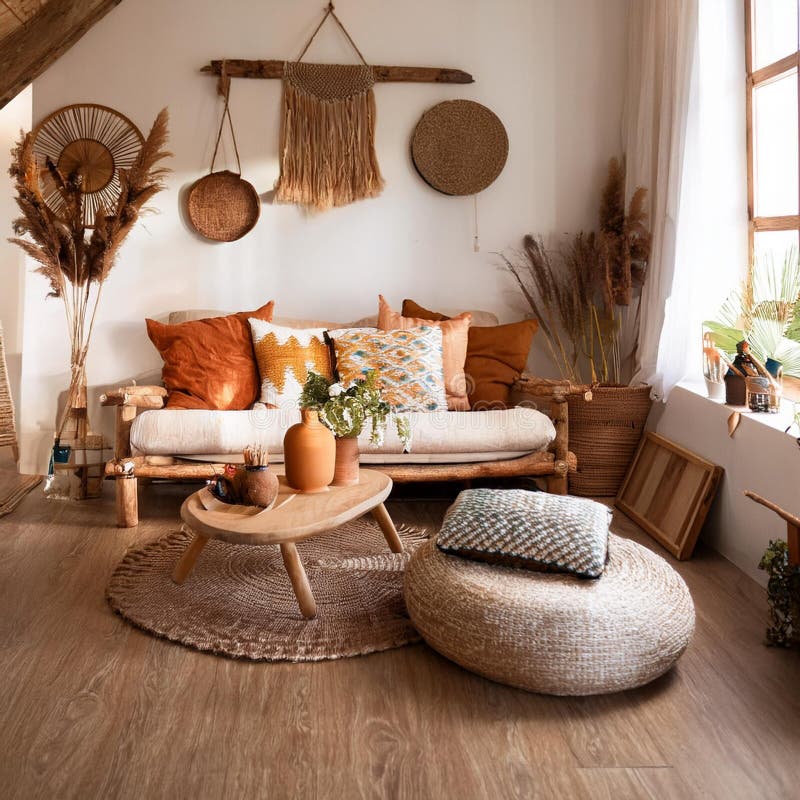 Room in Farmhouse. Boho Ethnic Home Interior Design of Modern Living ...