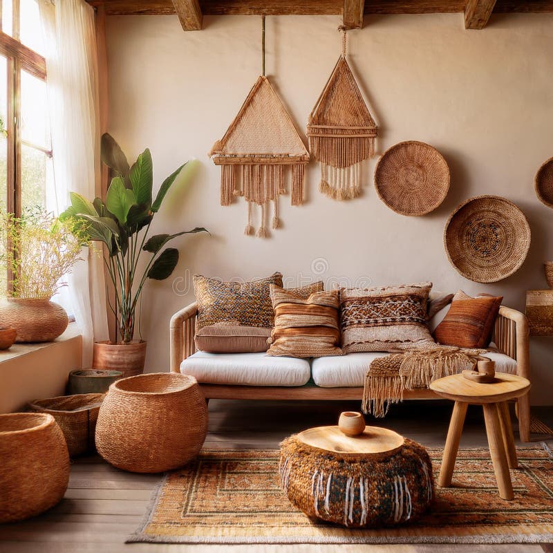 Room in Farmhouse. Boho Ethnic Home Interior Design of Modern Living ...